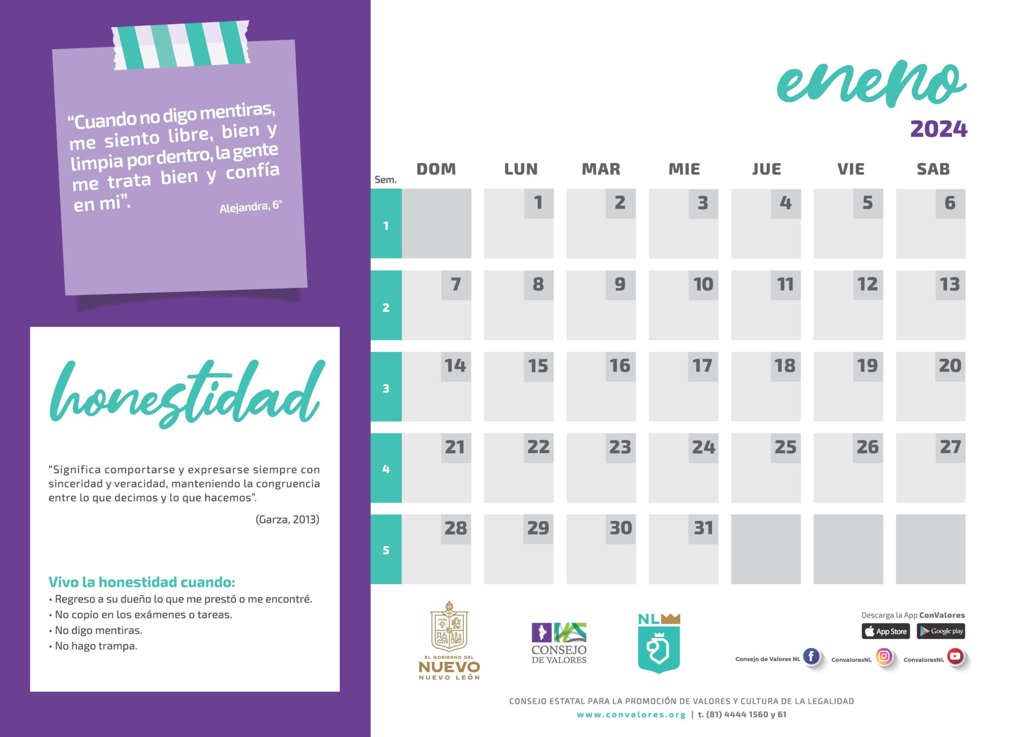 Calendario de valores para imprimir en PDF - Los Materiales Educativos